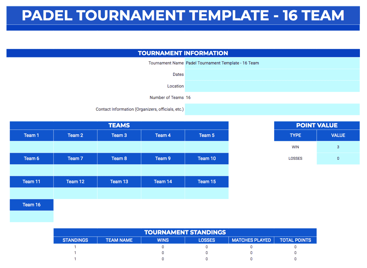 Padel Tournament Templates Excel & Google Sheets