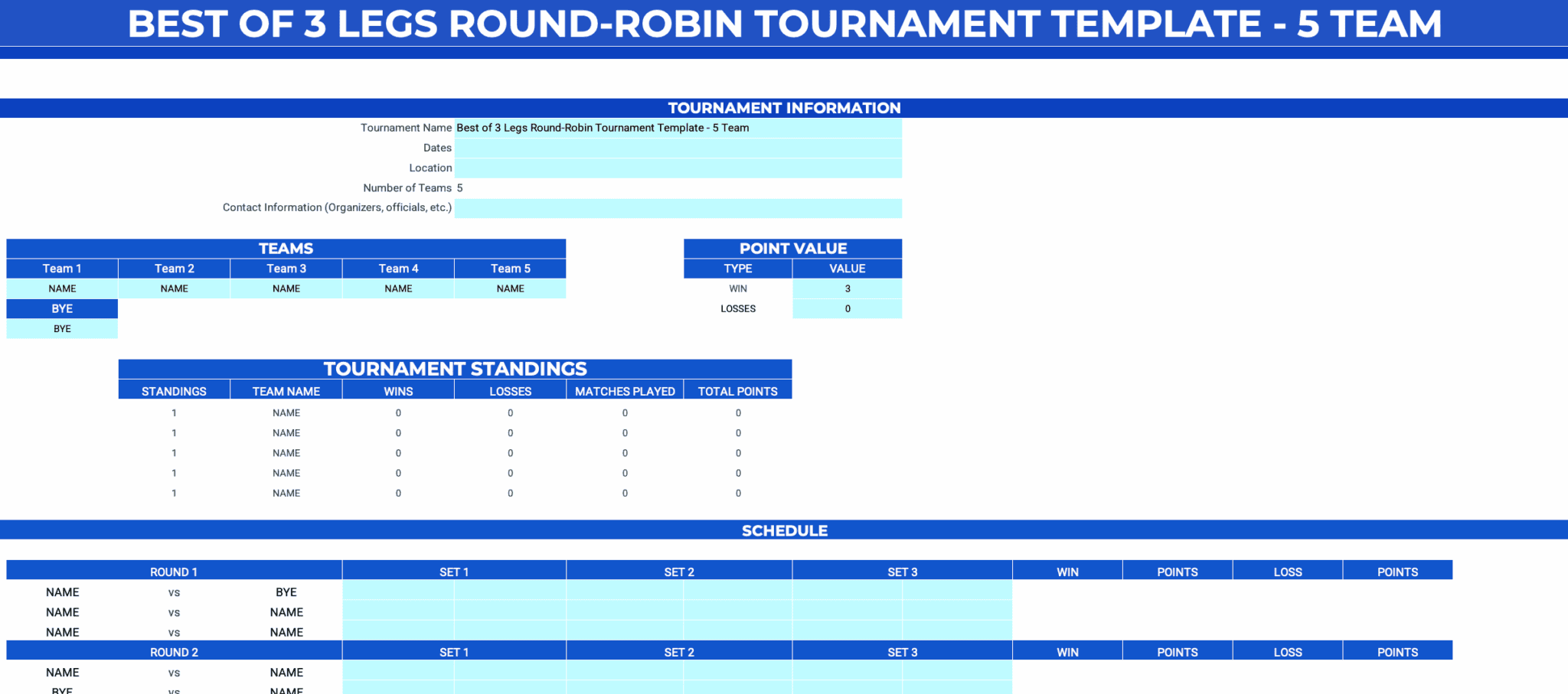 Free Best Of 3 Legs Round-Robin Tournament Template – Google Sheets & Excel