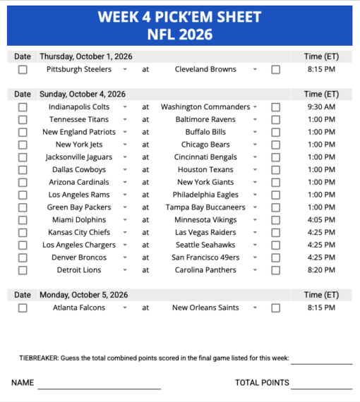 Week 4 Pick'em Sheet 2026 Google Sheets, Excel and PDF
