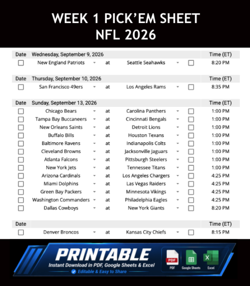 Week 1 Pick'em Sheet 2026 Google Sheets, Excel and PDF