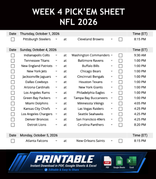 Week 4 Pick'em Sheet 2026 Google Sheets, Excel and PDF